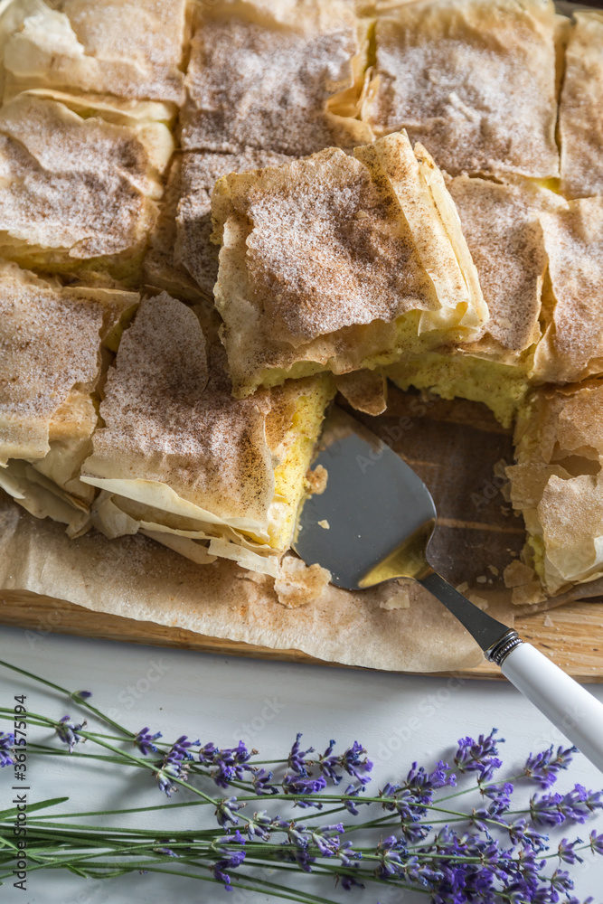 Homemade traditional Greek pastry -- Bougatsa made with phyllo dough ...
