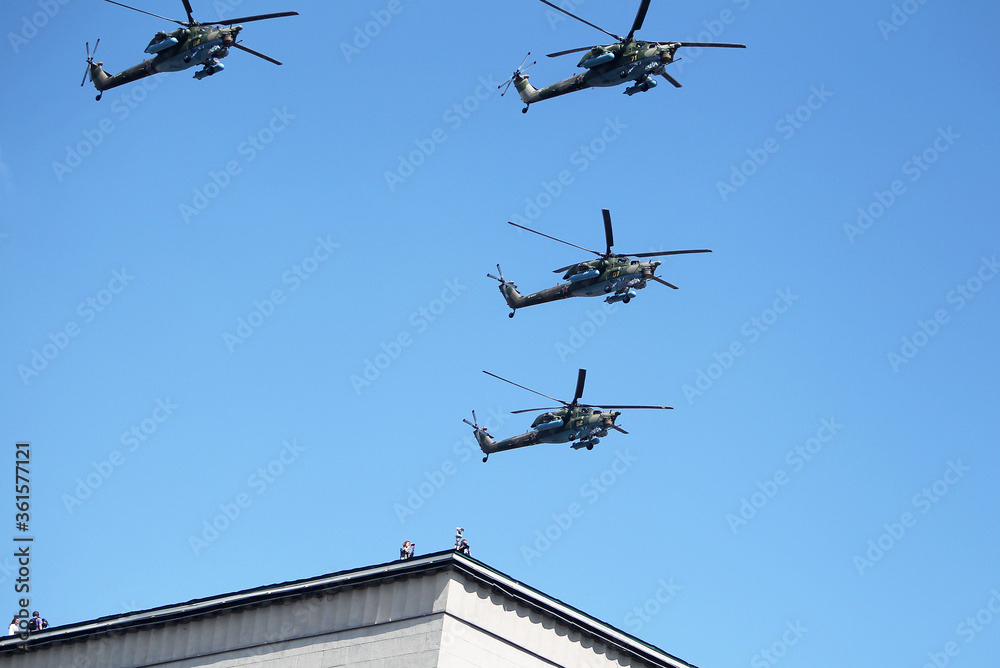 MOSCOW, RUSSIA - June 24,2020. An air parade of military combat ...