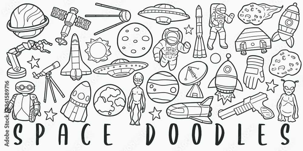 Space Doodle Line Art Illustration. Hand Drawn Vector Clip Art. Banner ...
