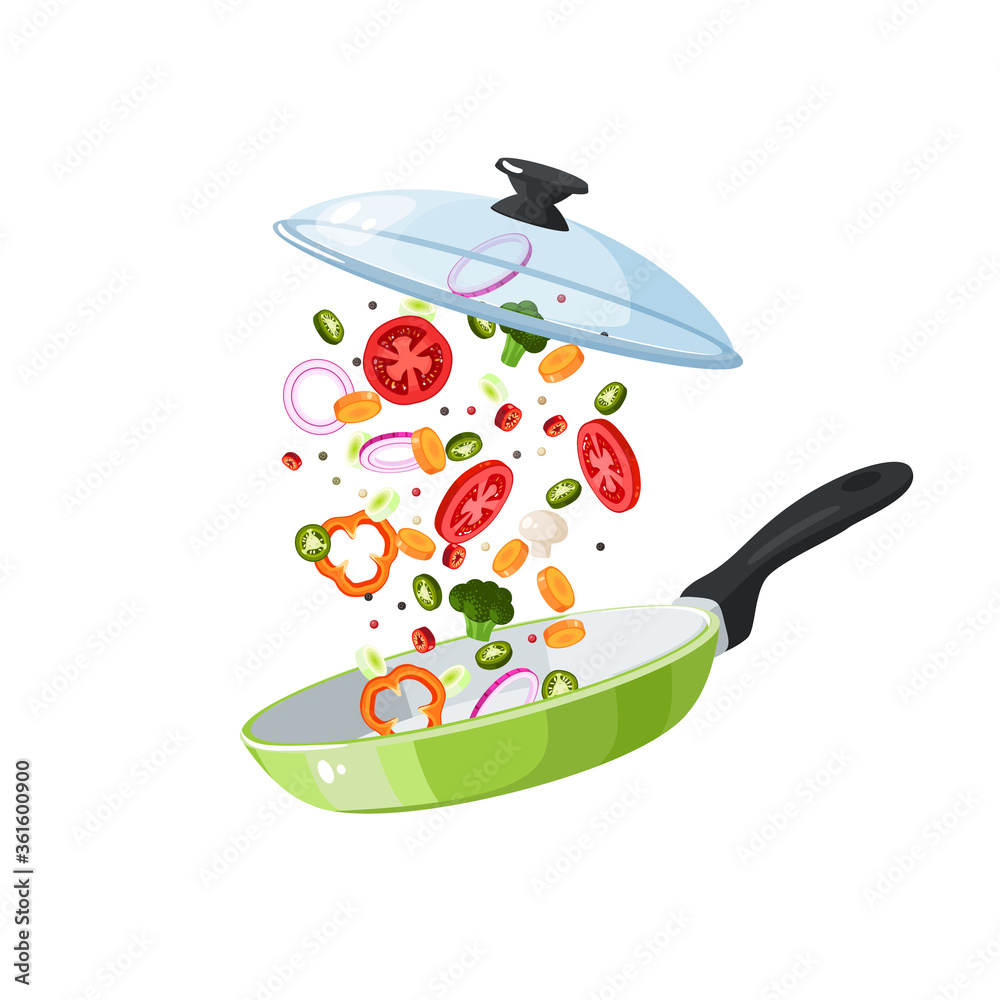 Food preparation. Sliced vegetables in green frying pan with glass ...