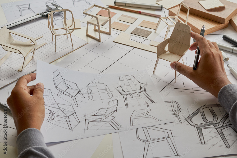 Designer sketching drawing design development product plan draft chair ...