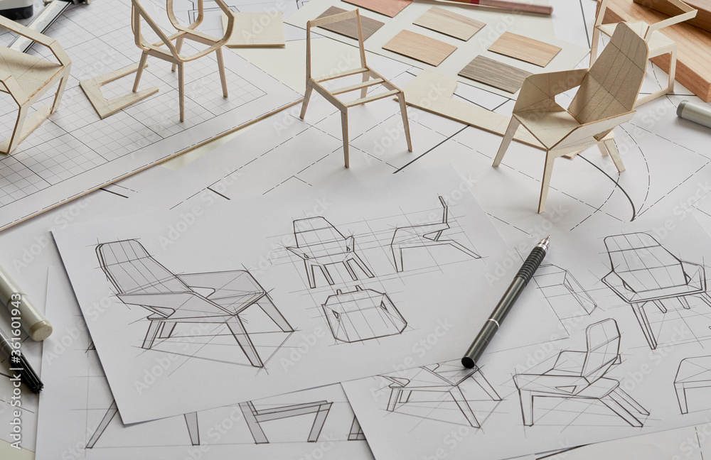Designer sketching drawing design development product plan draft chair ...