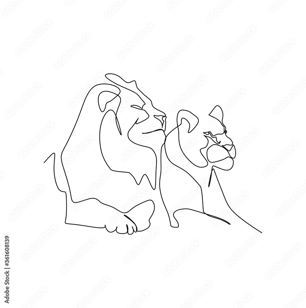 Continuous one line drawing of male and female lion together . Vector ...