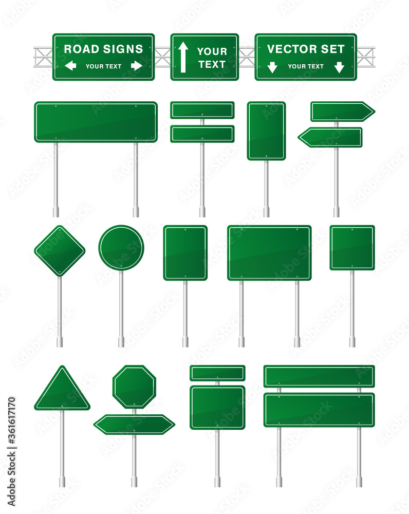 Vector set of green road signs and arrow isolated on white background ...