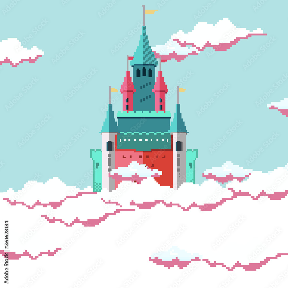 Pixel magical fairytale castle icon. Pixel art 8 bit. Old school ...