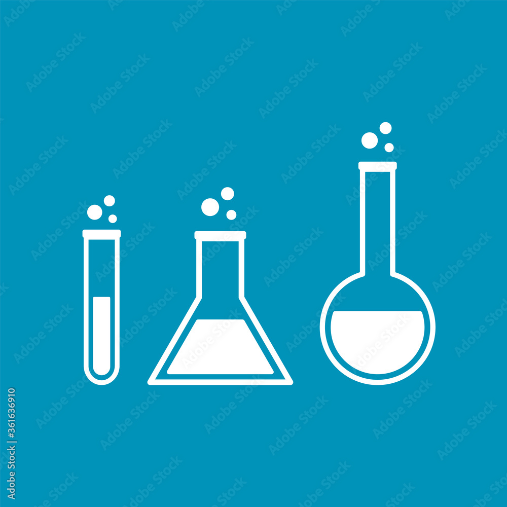 White lab glassware icons on blue background. Chemistry beakers ...