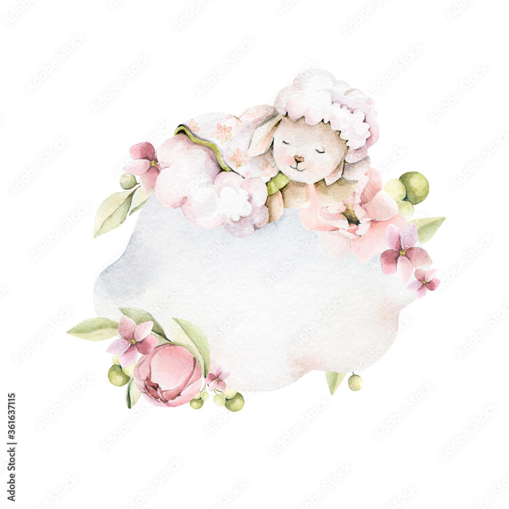Hand drawing watercolor сhildren's illustration - cute sleeping lamb on ...