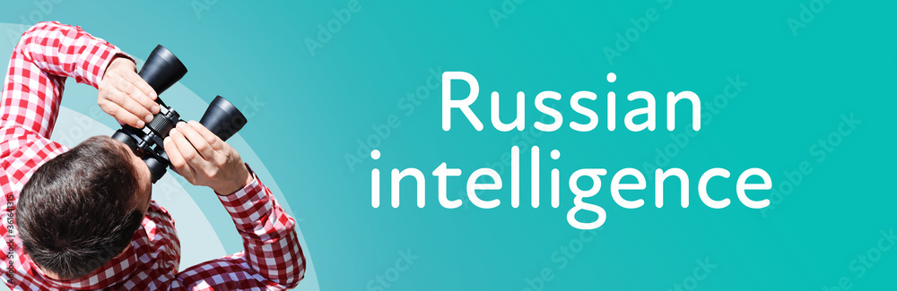 Russian intelligence. Businessman (man) looks through binoculars. Birds ...
