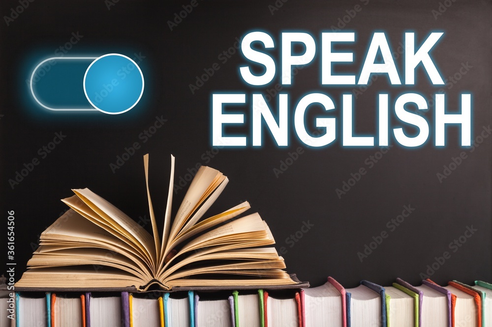 Books collection with one open book and speak english text Stock Photo ...