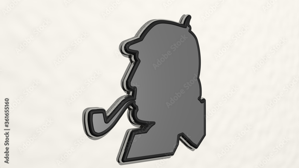 Sherlock Holmes with pipe on the wall. 3D illustration of metallic ...