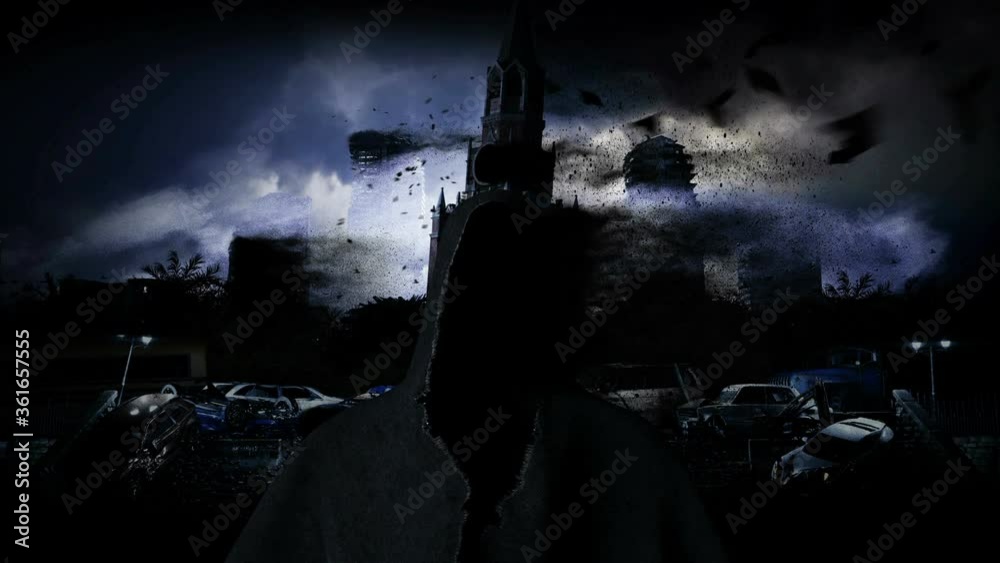 Apocalypse Moscow city with ghosts in fog. destroyed city. Apocalypse ...