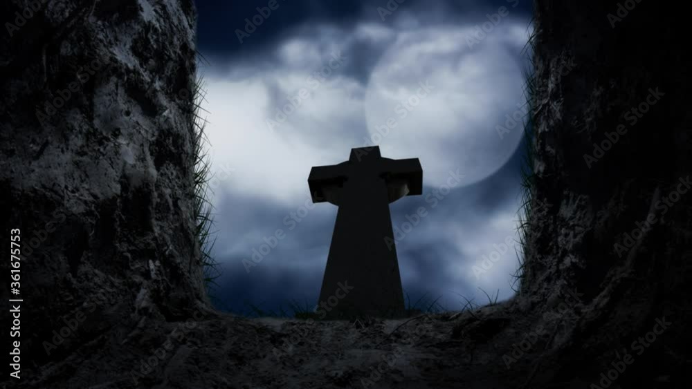 Inside Grave View of Headstone and Full Moon 4K Loop features a view ...