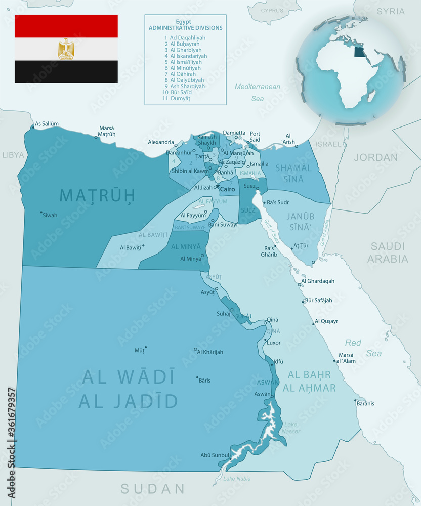 Blue-green detailed map of Egypt administrative divisions with country ...