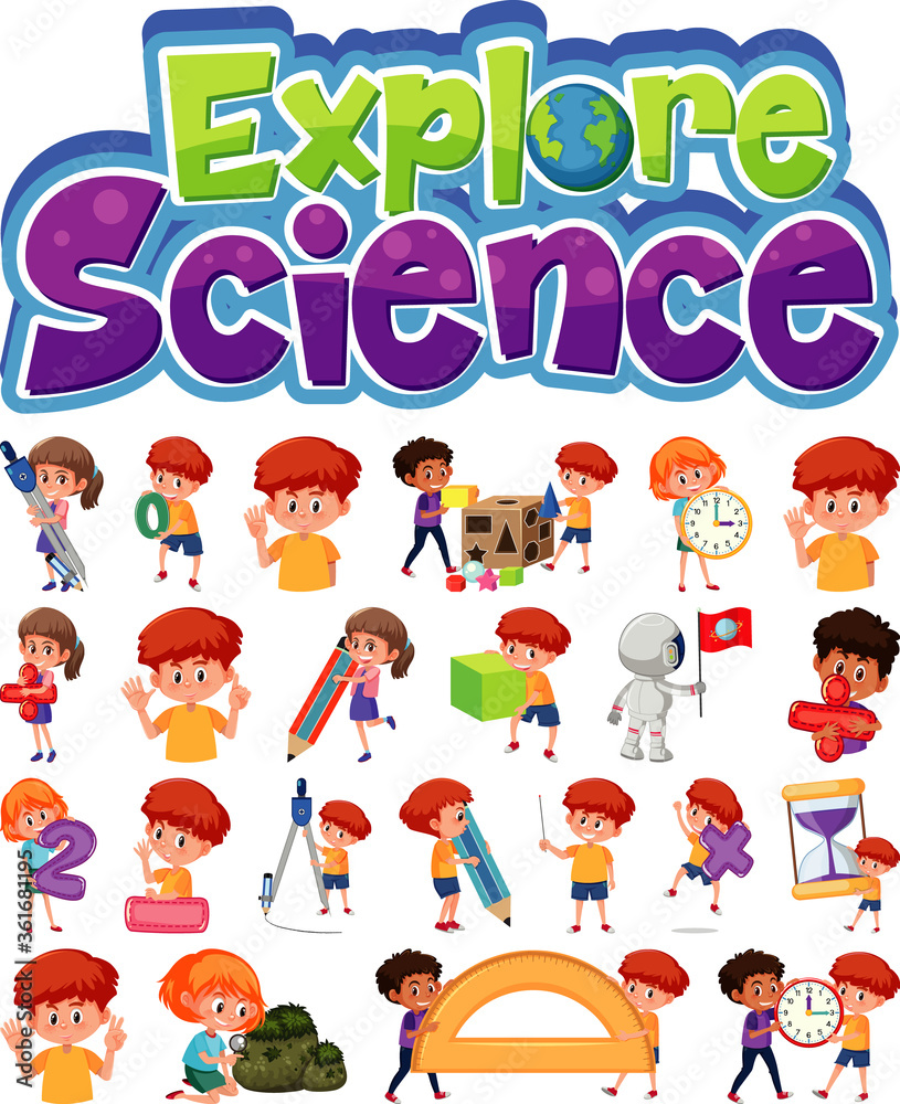 Explore science logo and set of children with education objects ...