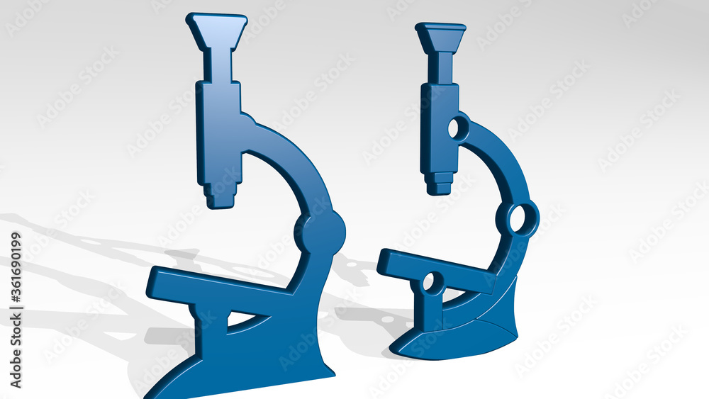 MICROSCOPE on the wall. 3D illustration of metallic sculpture over a ...