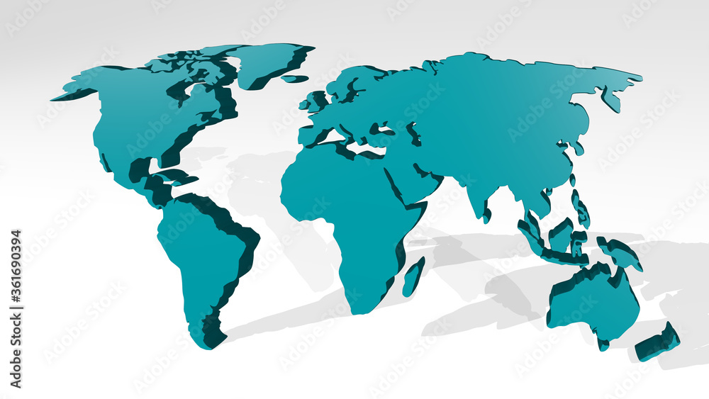 map of the world made by 3D illustration of a shiny metallic sculpture ...