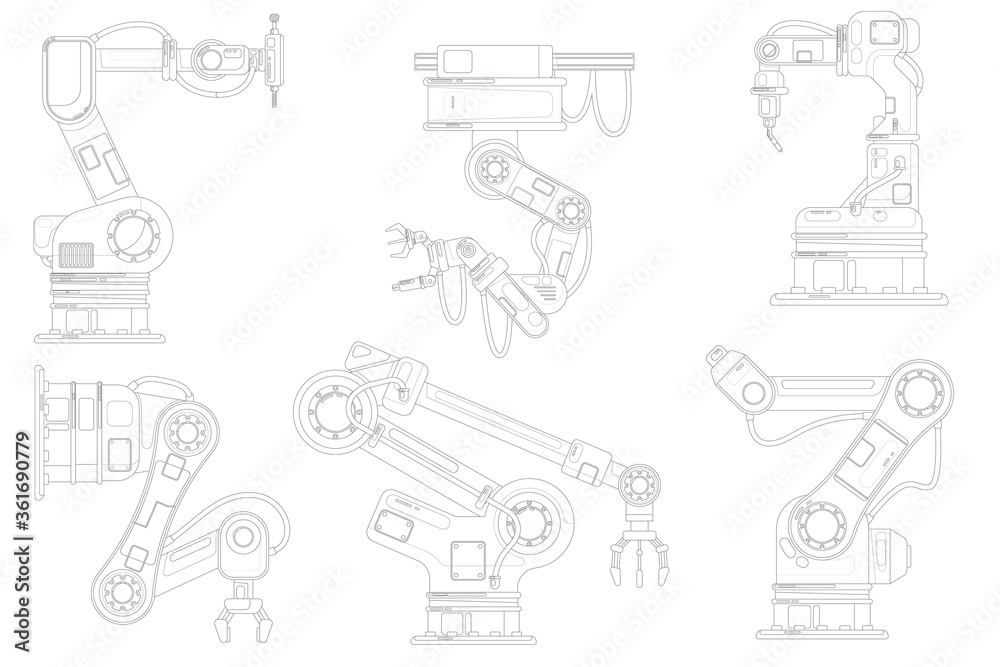 Industrial robotic arm set. Isolated robotic arm automation outline ...
