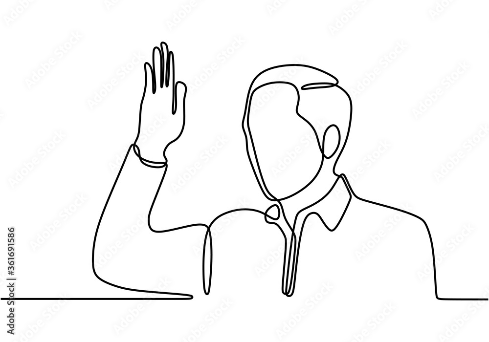 Continuous single line drawing of man waving hand. Senior male standing ...