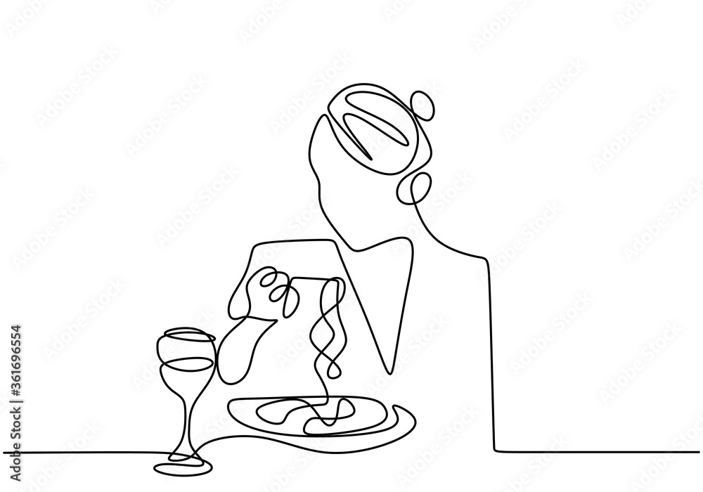 Continuous one line drawing, vector of young woman eating meal food ...