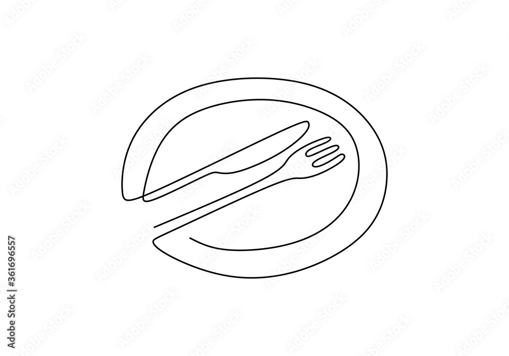 Continuous line drawing of food symbol. Sign of plate, knife, and fork ...