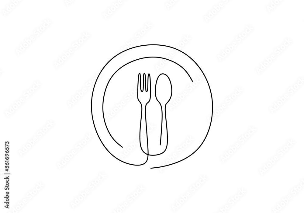 Continuous line drawing of food symbol. Sign of plate, knife, and fork ...