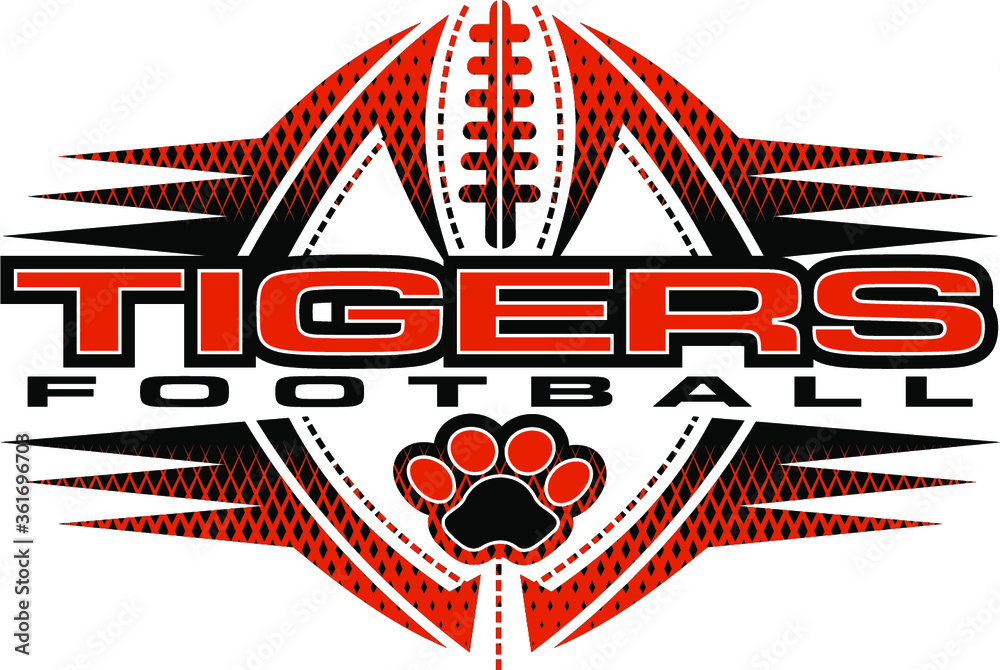 tigers football team design with paw print and ball for school, college ...