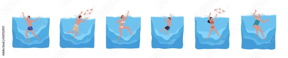 Set of different sinking people vector flat illustration. Collection of ...