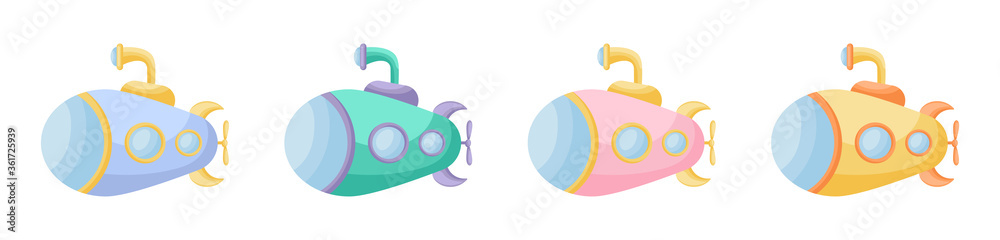 Collection of cute cartoon baby's submarines isolated on white ...