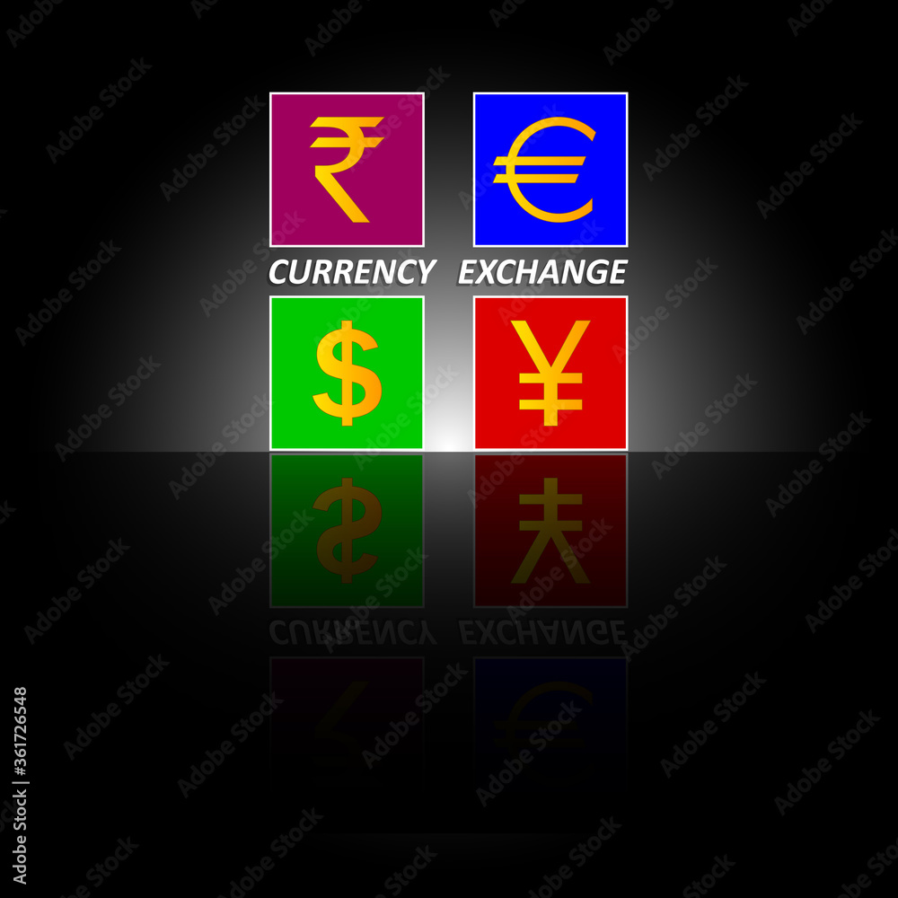 The inscription Currency exchange. Symbols of currencies, money of ...