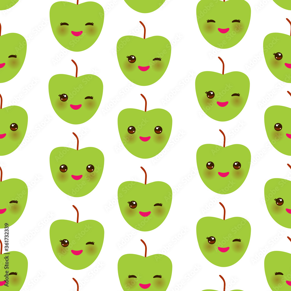 Seamless pattern with cute Kawaii green apple with wink eyes and pink ...
