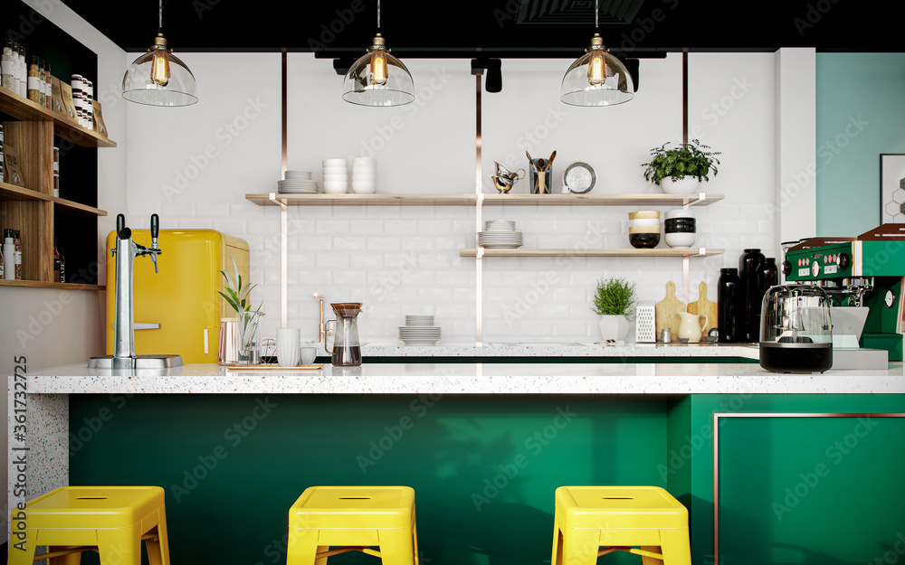 modern green and yellow cafe counter bar with coffee dripper Stock ...