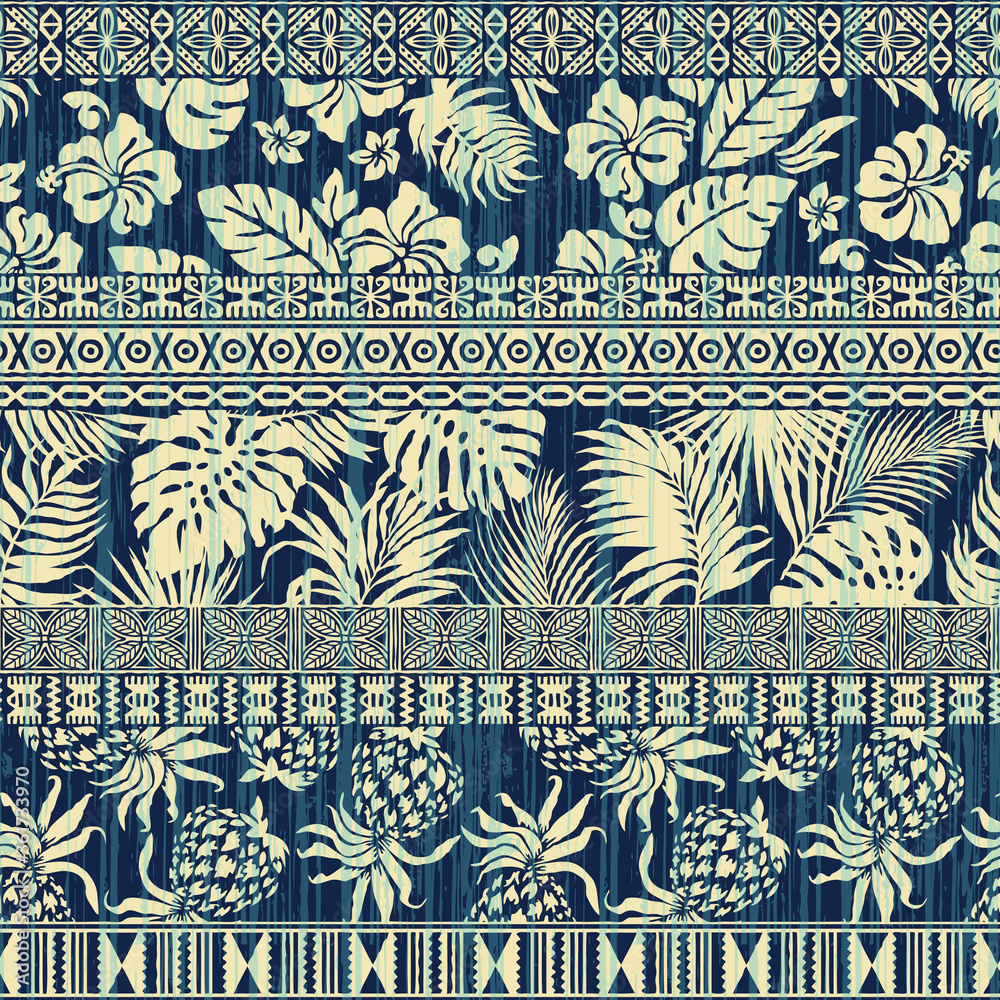 Grunge tropical hibiscus leaves and tribal hawaiian ornament patchwork ...