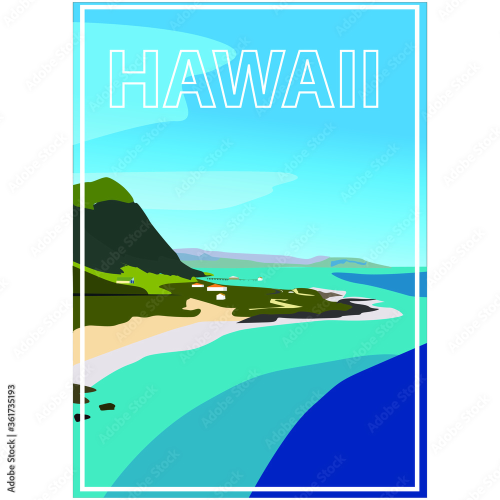 Hawaii vector travel illustration in colorful background. Summer beach ...