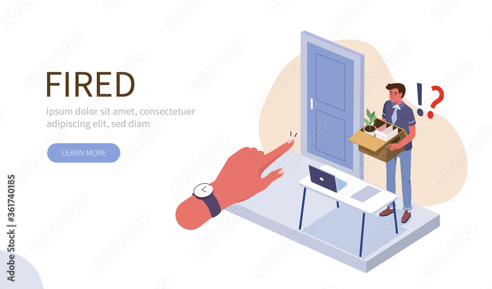 People Character Getting Fired. Dismissed Man Carrying Cartoon Box with ...