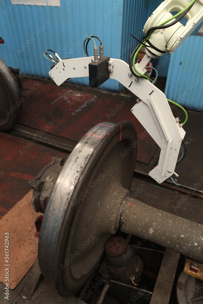 Automated nondestructive testing of railway elements, train wheel at ...