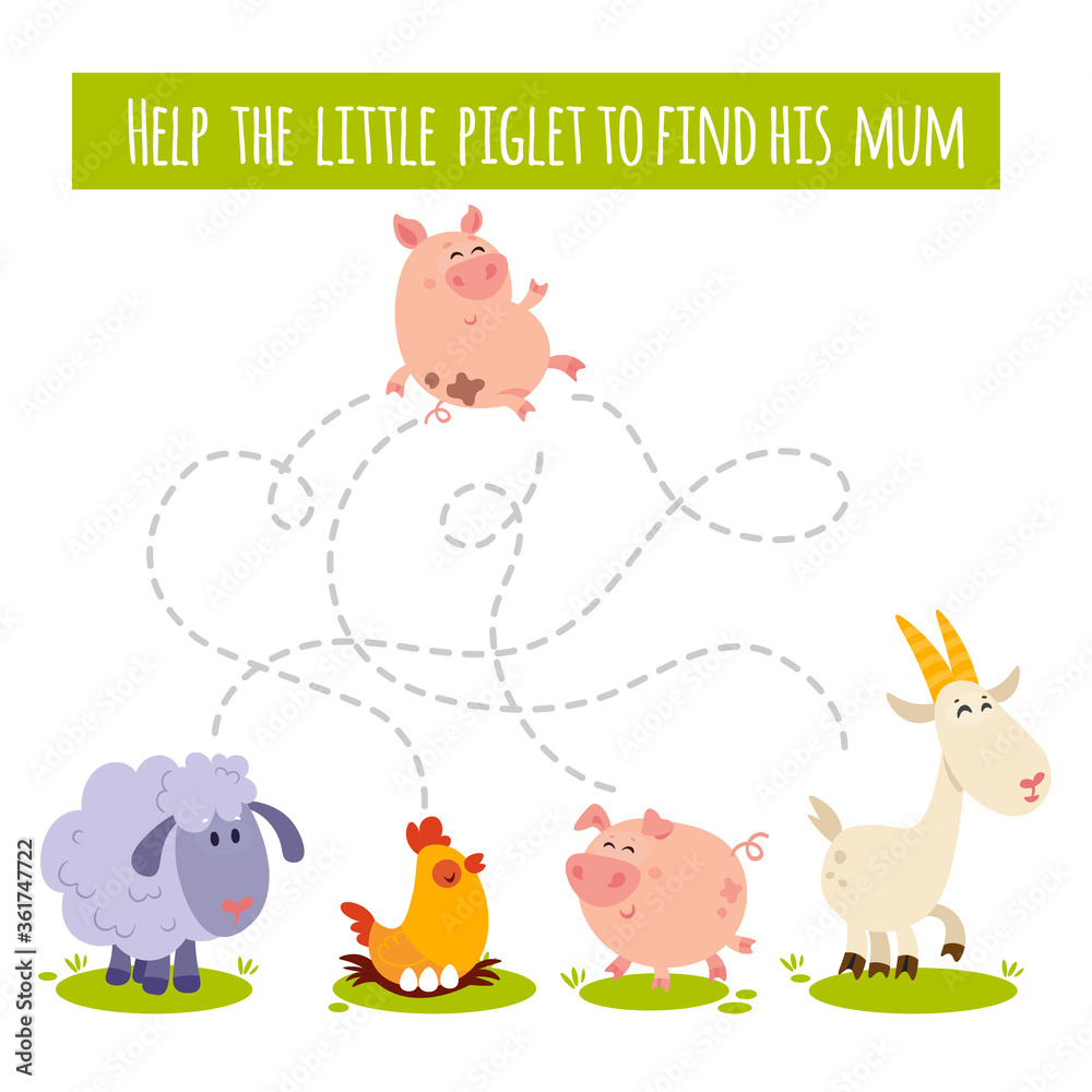 Farm animal educational maze game. Labyrinth page for children's ...
