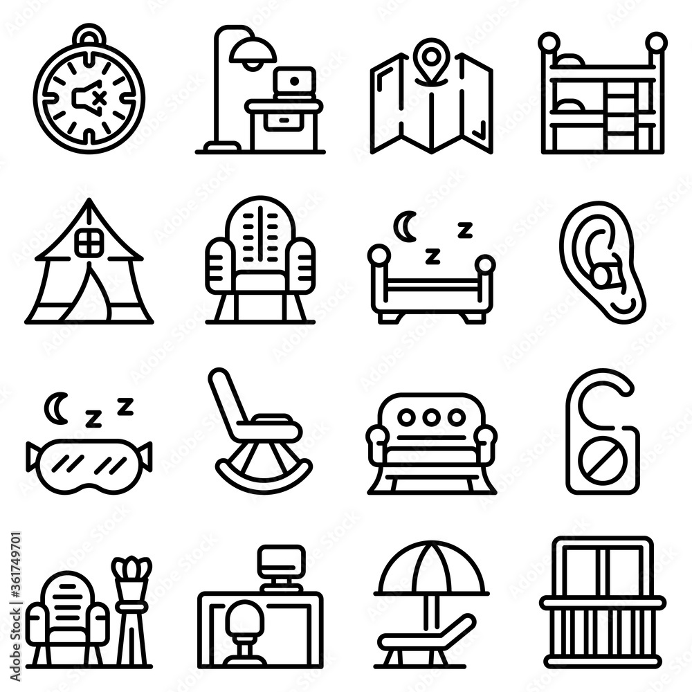 Quiet spaces icons set. Outline set of quiet spaces vector icons for ...