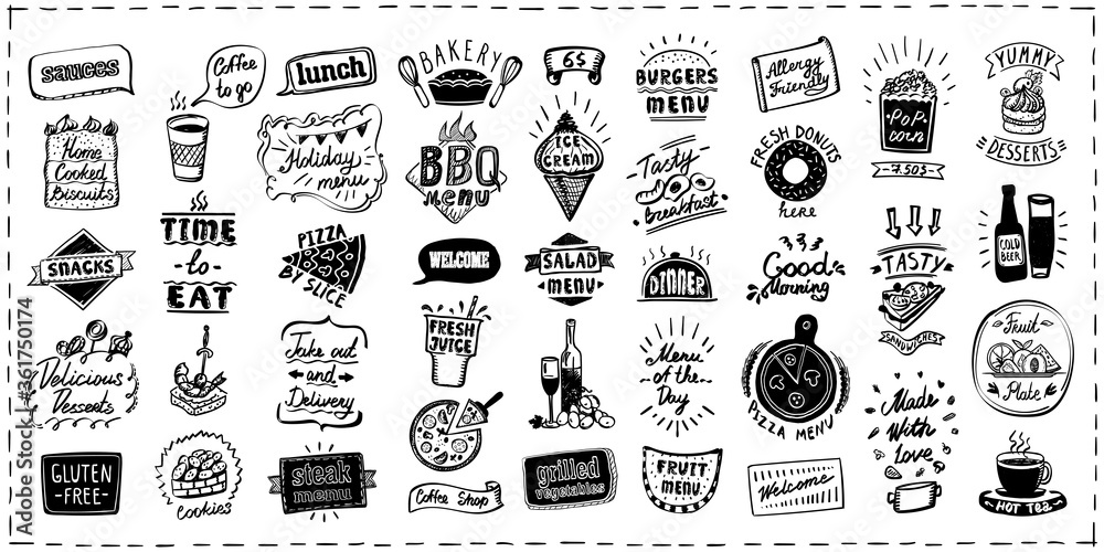 Graphic menu lettering set with symbols, signs and elements, etc. Stock ...