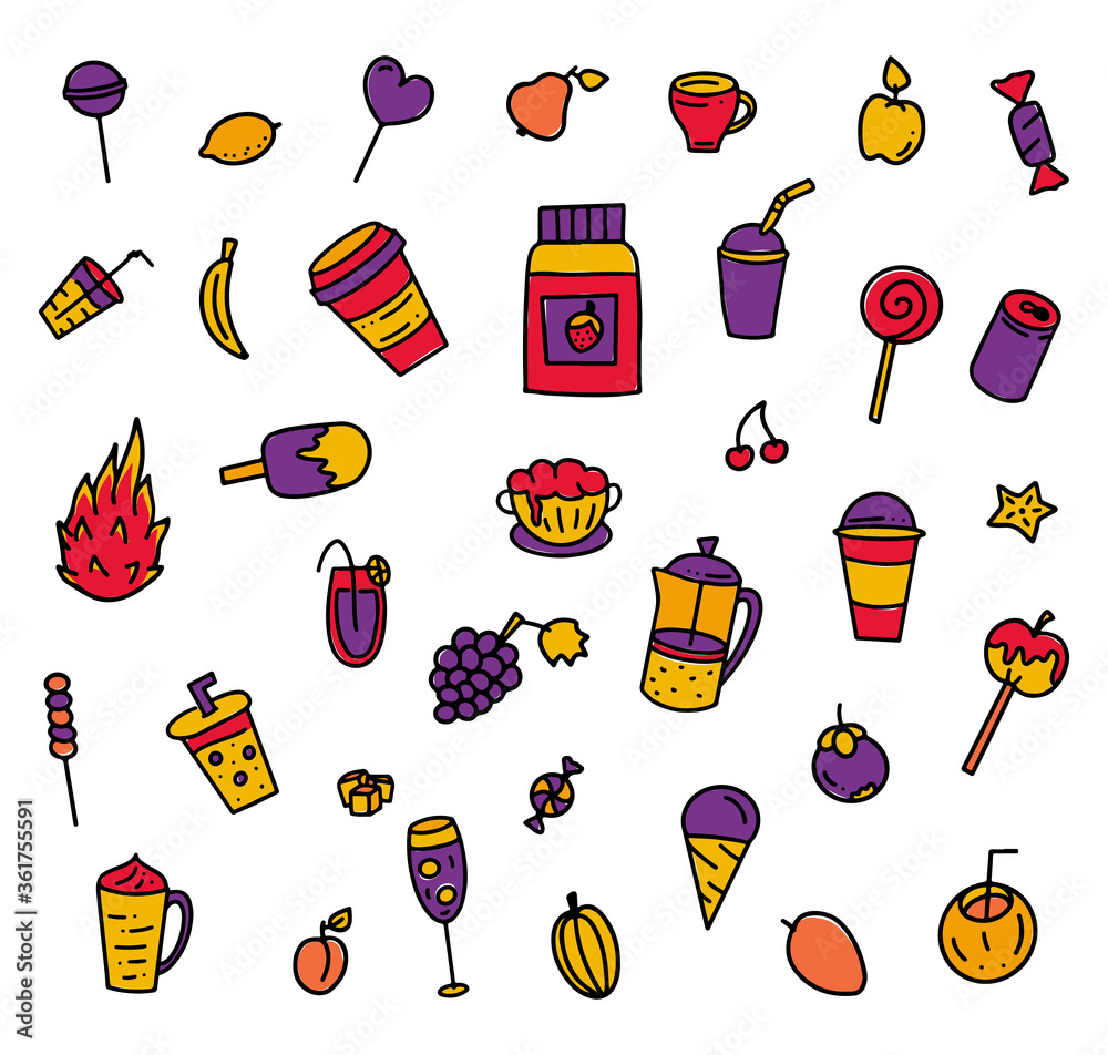 Multicolored set of hand-drawn fruits elements for summer cafe menu ...