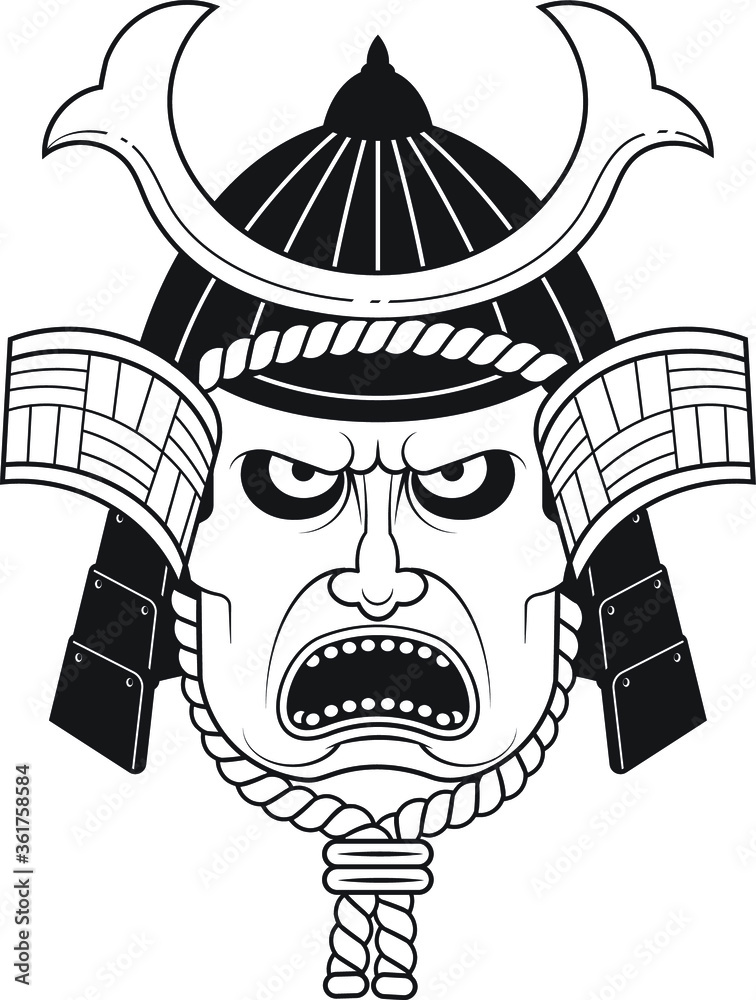 Black and White Cartoon Face wearing Samurai Helmet Stock Vector ...