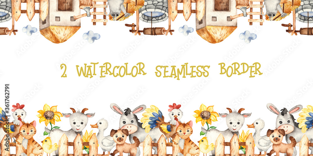 Watercolor seamless border with farm animals and objects. Stock ...