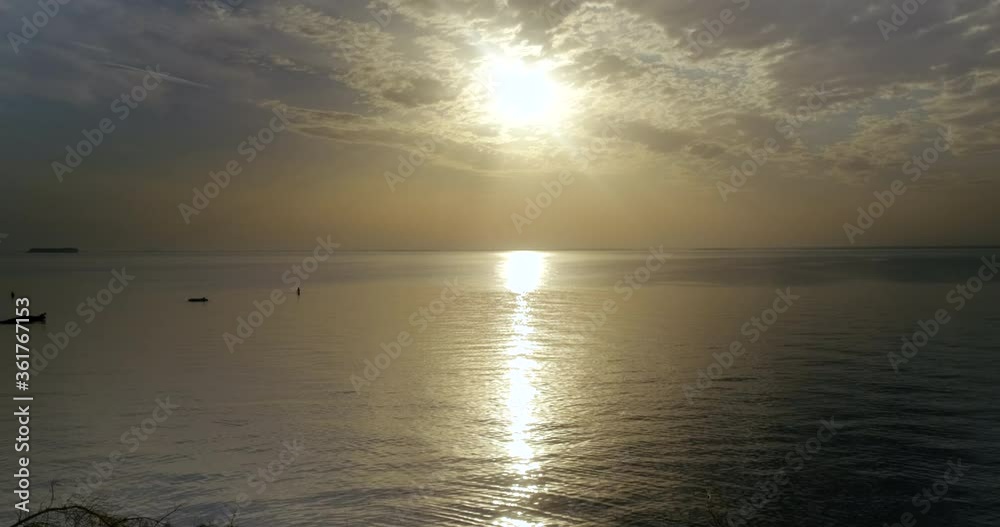 Bright Sun over Sea Early Morning. Sunrise over Water. Yellow Tones of ...