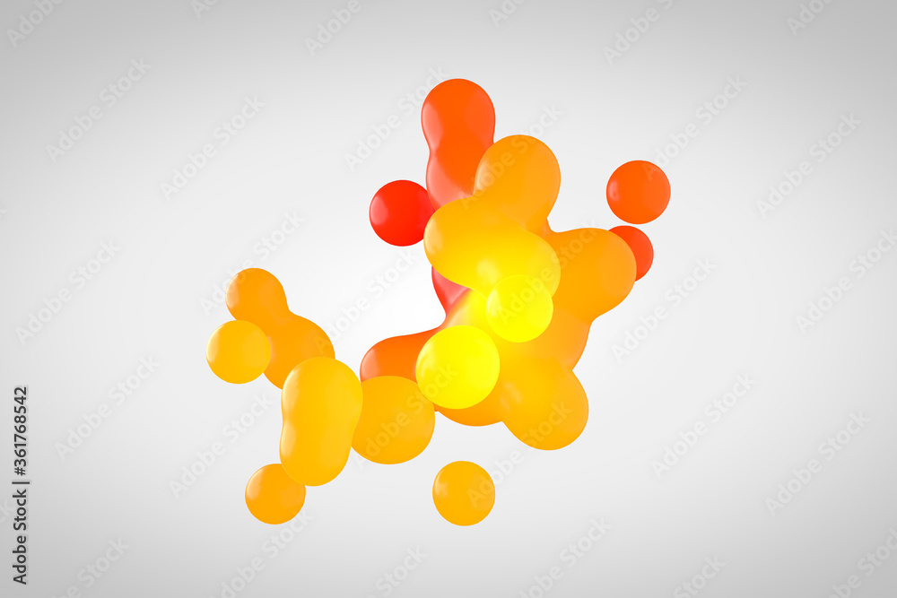 Yellow-red, plastic metaball in 3d. Small drops are separated from the ...