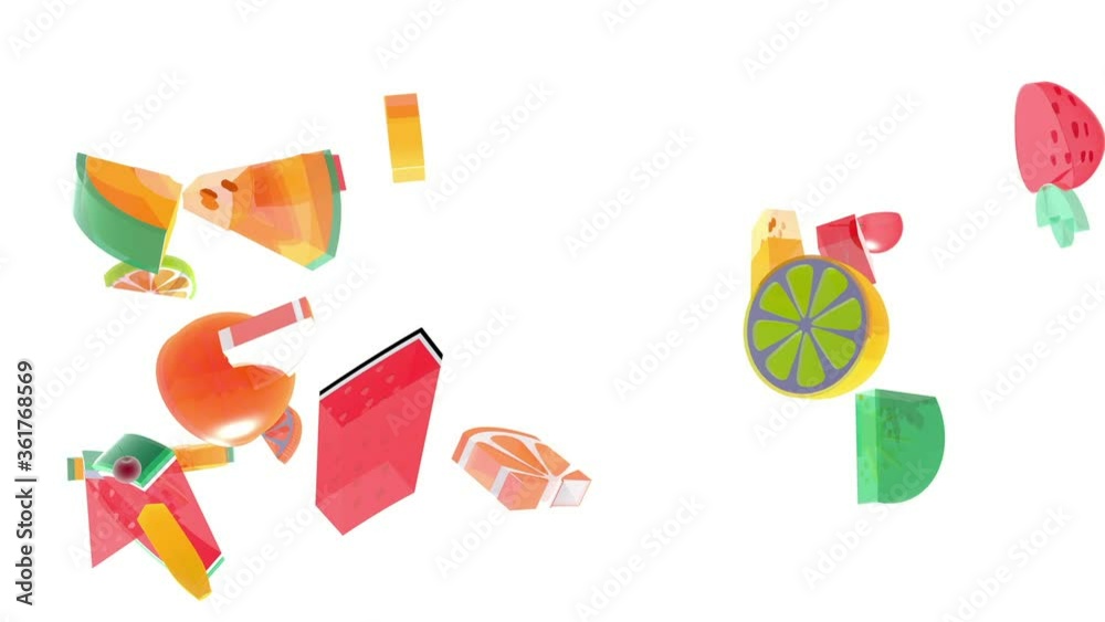 3d animation of various fruits in Macedonia floating or flying in the ...