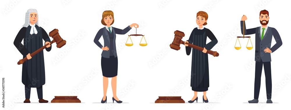 Judges and lawyers. Judge holding hammer and lawyer with scales of ...