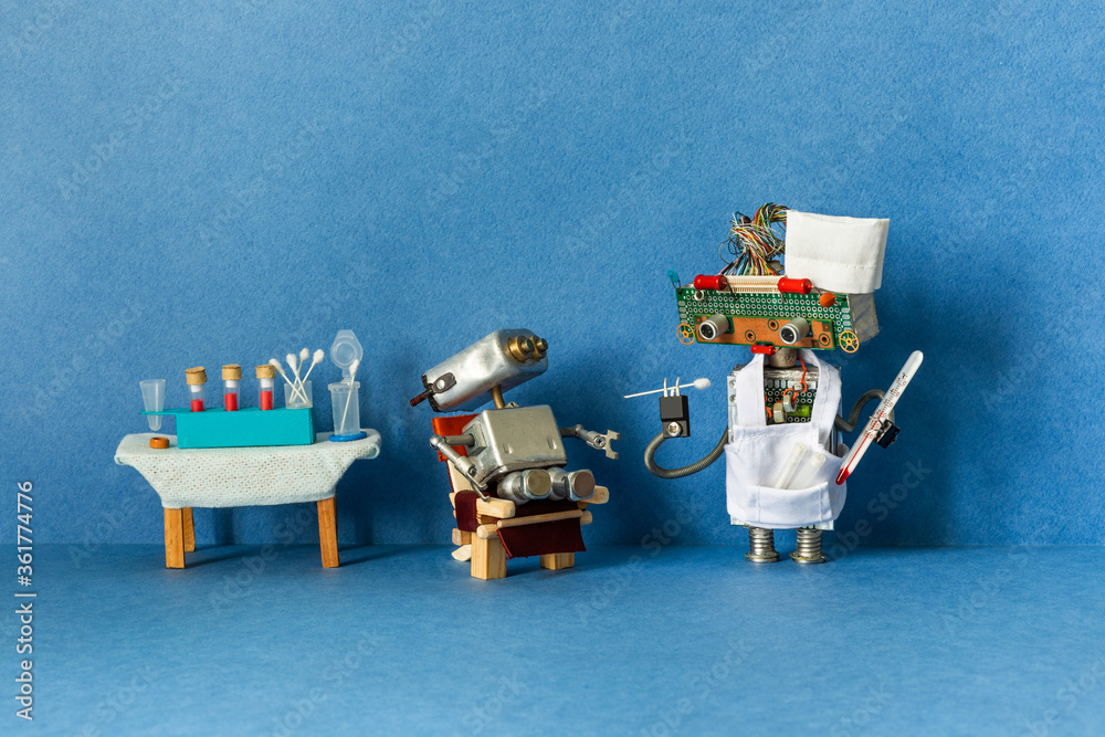 Robot doctor looks at a patient in a chair and wants to measure the ...