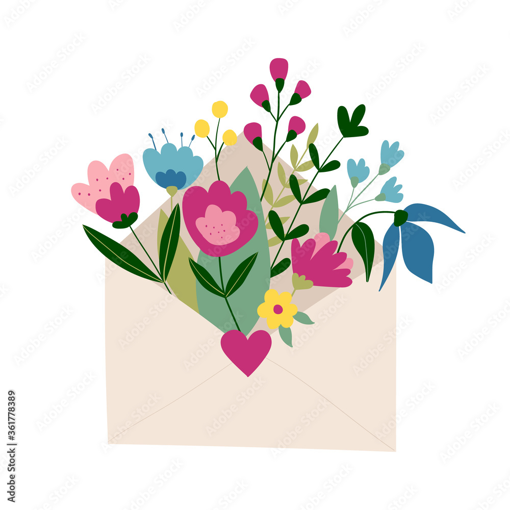 Letter with a bouquet of flowers. Vector flat illustration isolated on ...