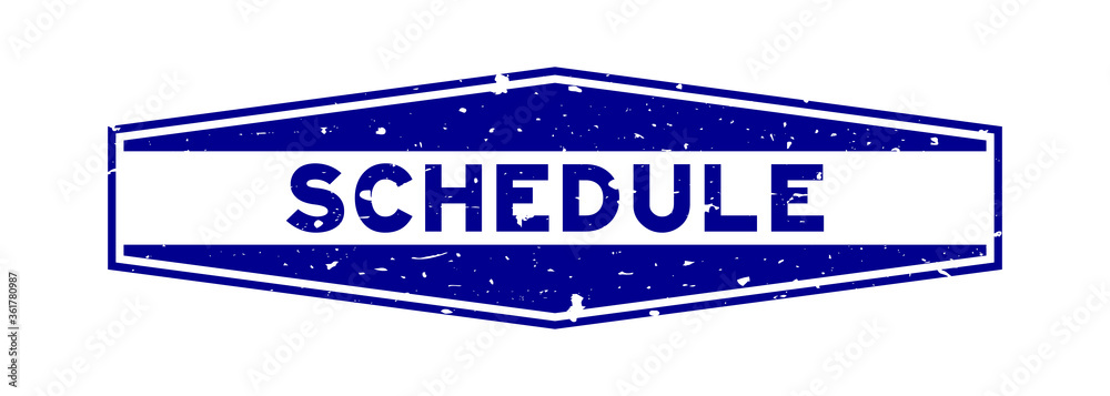 Grunge blue schedule word hexagon rubber seal stamp on white background ...