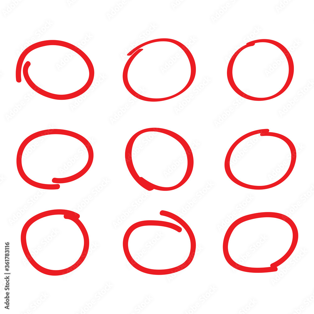 Red circle pen draw set. Highlight hand drawn circle isolated on white ...