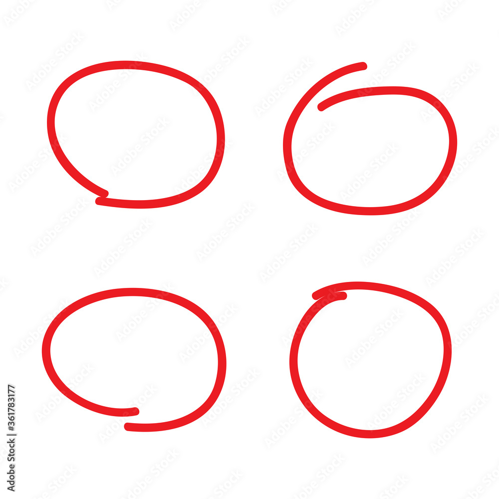 Red circle pen draw set. Highlight hand drawn circle isolated on white ...